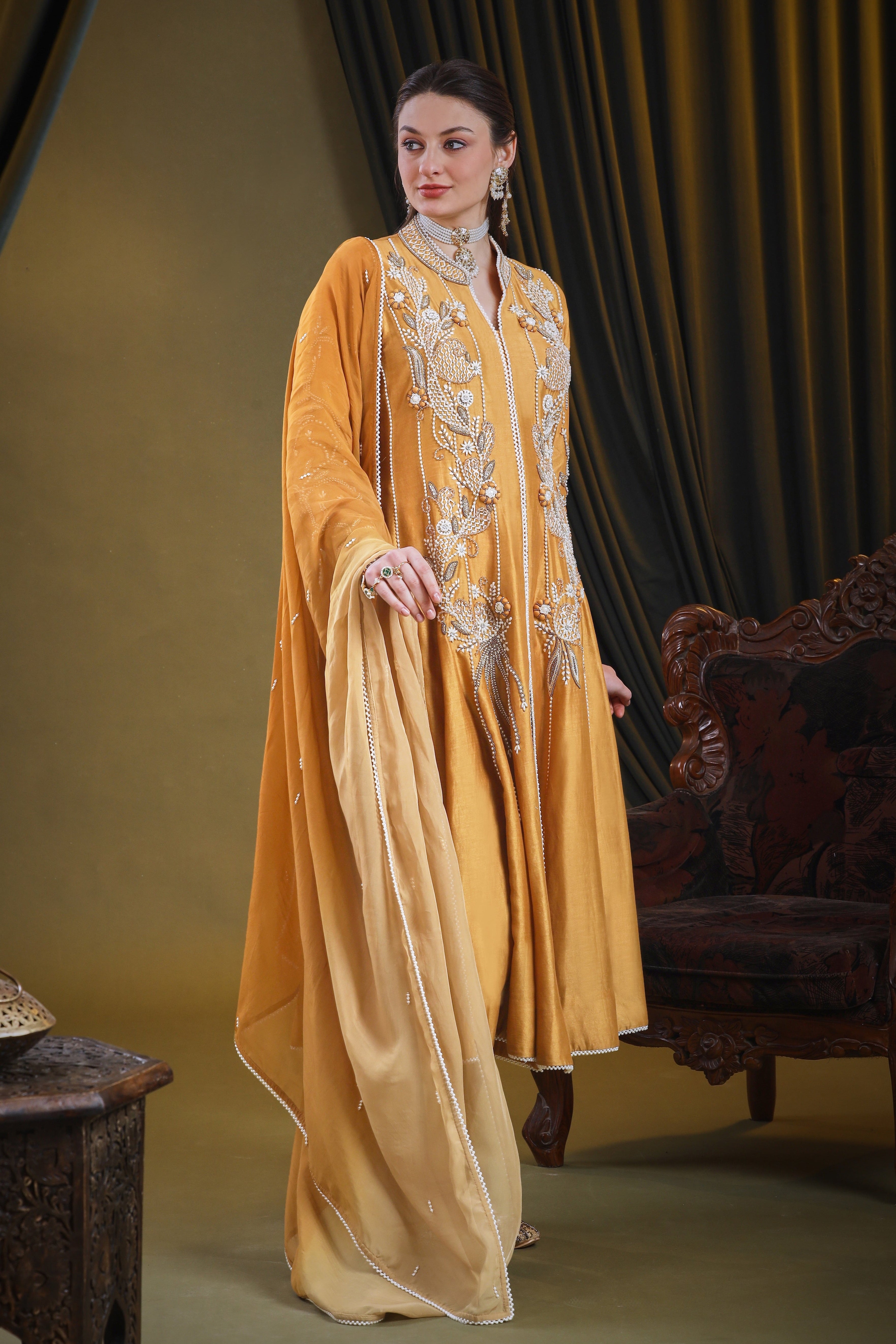 Kora Silk Anarkali With 3D Pearl Embroidery - GOLDEN – Jasminum
