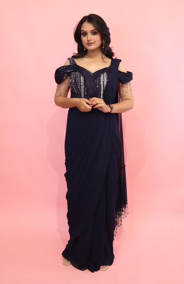 Navy Georgette Draped Saree Gown – Jasminum