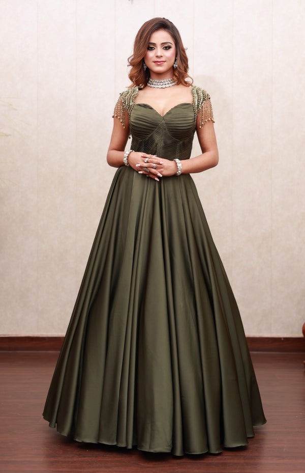 Olive Gown With Power Shoulders – Jasminum