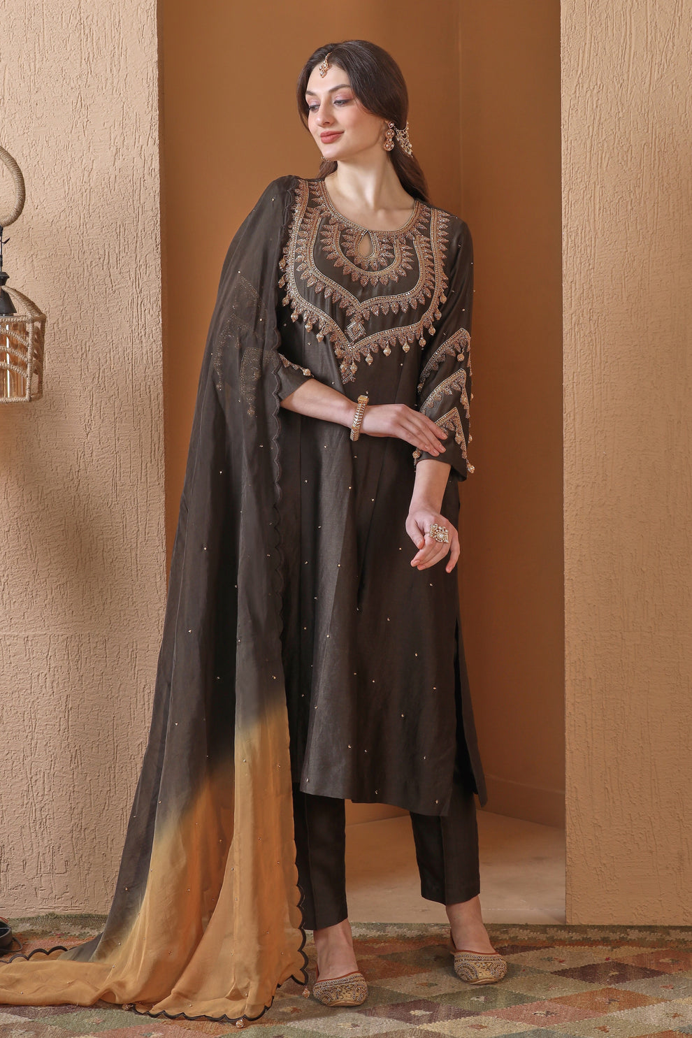 Kora Silk Kalidar Suit With Nakshi Embroidery - DARK OLIVE – Jasminum